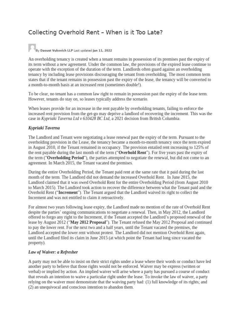 Collecting Overhold Rent When Is It Too Late. | PDF | Leasehold Estate ...