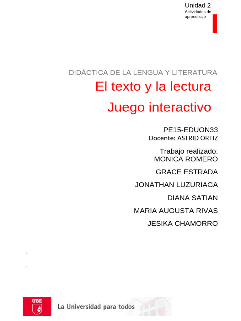Tarea EL TEXTO Y LA LECTURA JUEGO INTERACTIVO | PDF