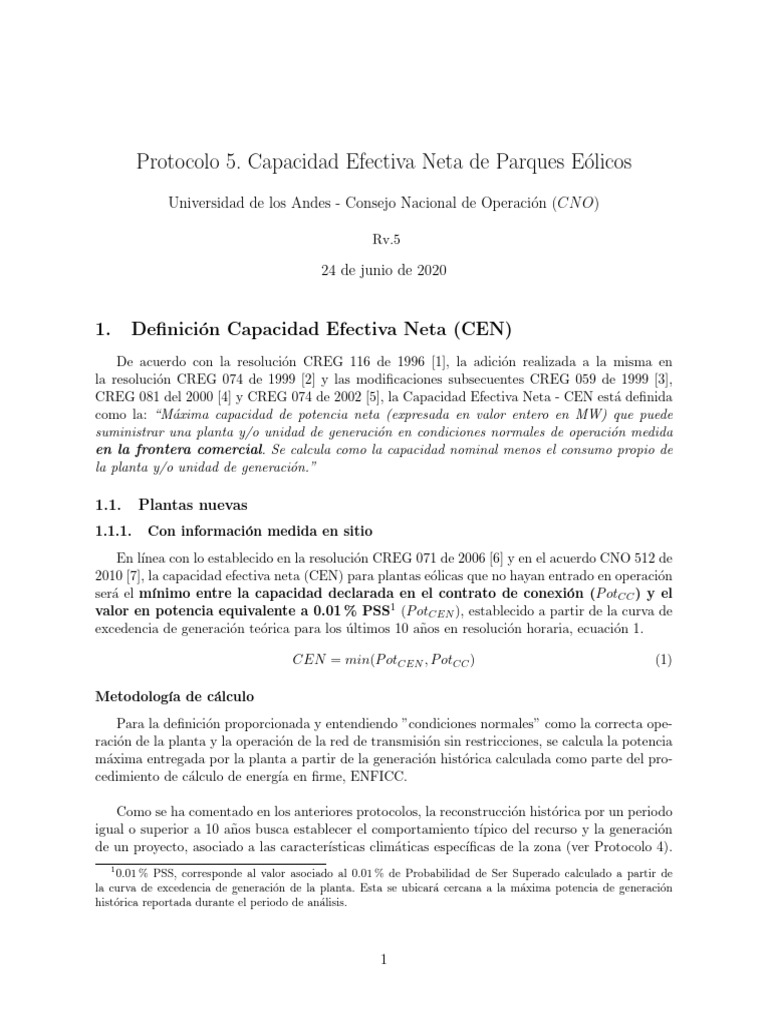 Anex - 2 - Acuerdo1319 Protocolo 5. Capacidad Efectiva Neta de Parques Eólivos | PDF ...