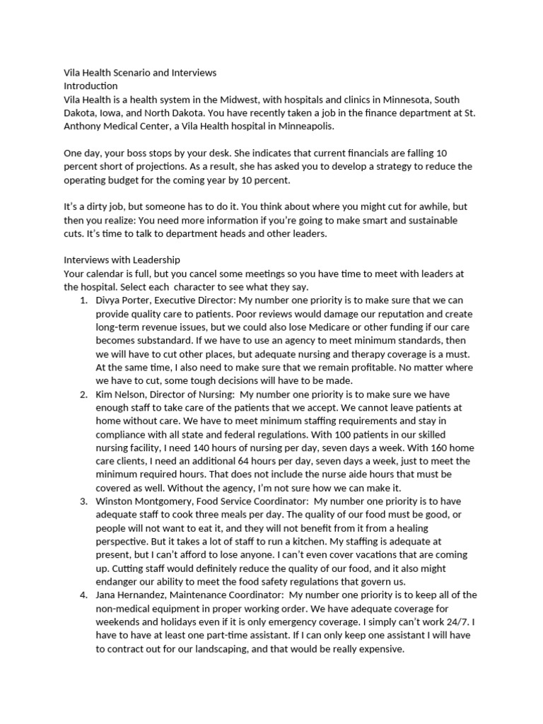 Vila Health Scenario and Interviews | PDF | Nursing | Profit (Economics)