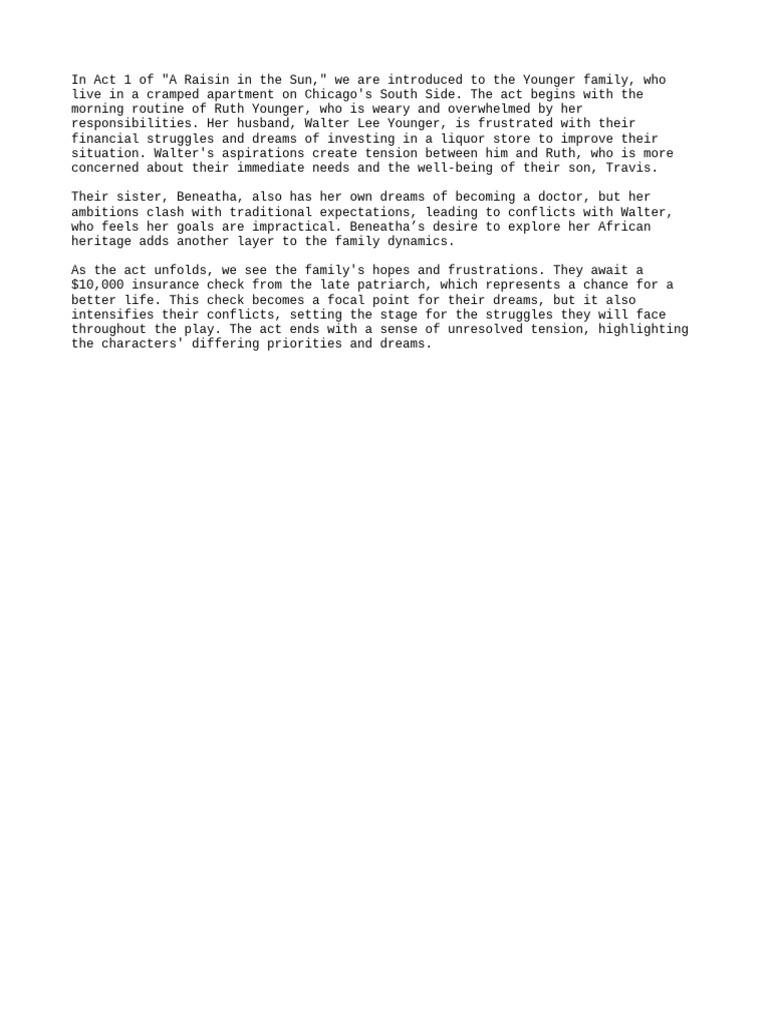 Act 1 Summary of A Raisin in the Sun | PDF | Politics | Social Science
