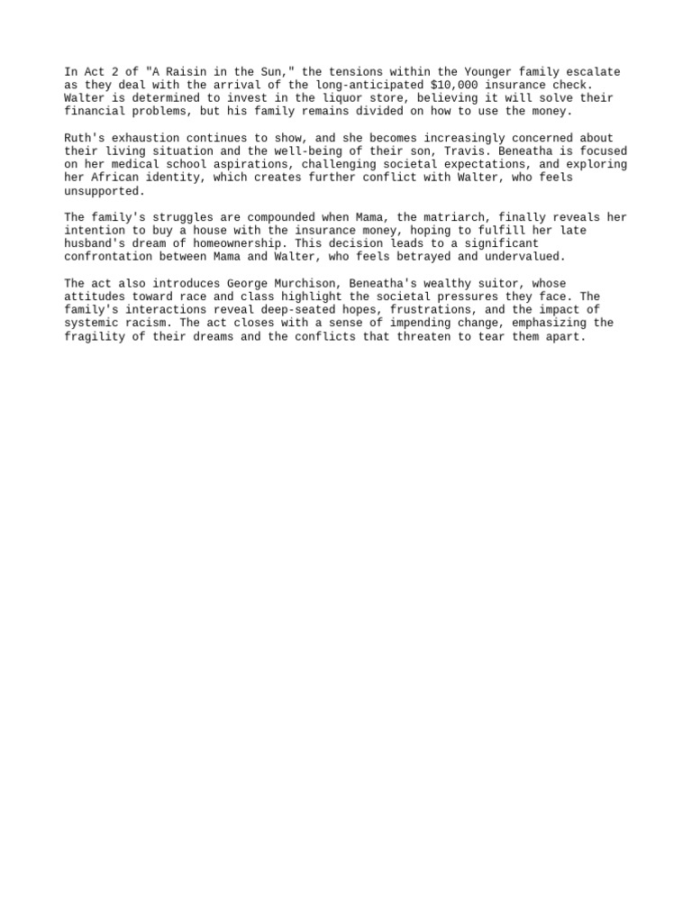 Raisin in The Sun Summary Act 2 | PDF