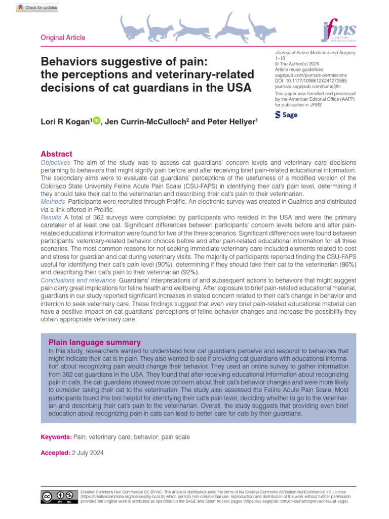 Kogan Et Al 2024 Behaviors Suggestive of Pain The Perceptions and Veterinary Related Decisions ...
