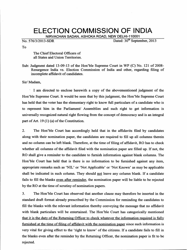 Latest ECI Instructions Along With Checklist For Nomination | PDF