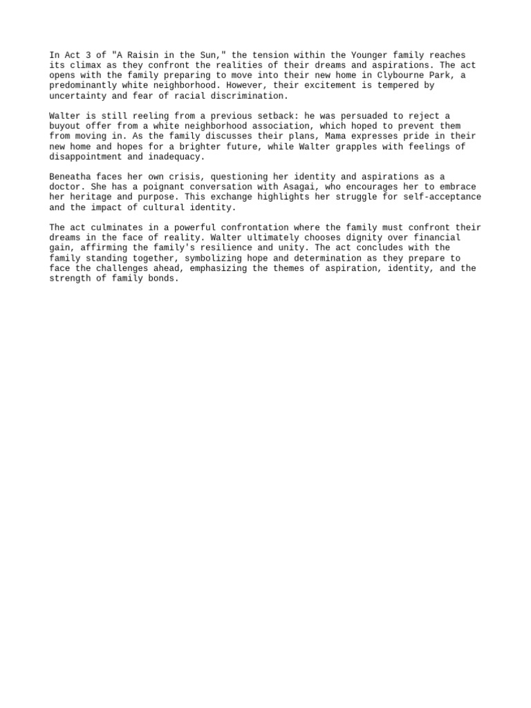 Raisin in The Sun Summary Act 3 | PDF