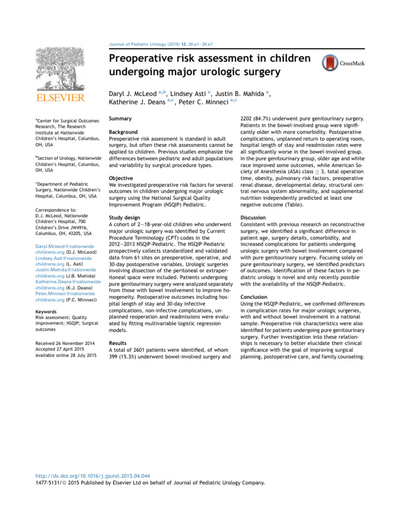 Preoperative Risk Assessment in Children Undergoing Major Urologic ...
