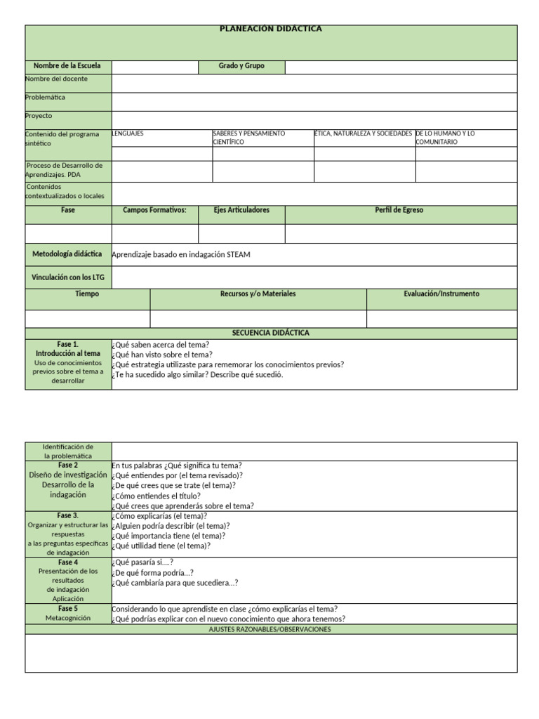 Formato Planeacion Aprendizaje Basado en Indagacion Steam | PDF | Evaluación | Maestros