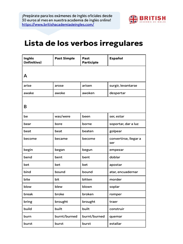 PDF Verbos Irregulares en Ingles 1 | PDF