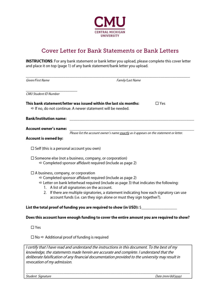 Cover Letter For Bank Statements Fillable | PDF | Finance & Money ...