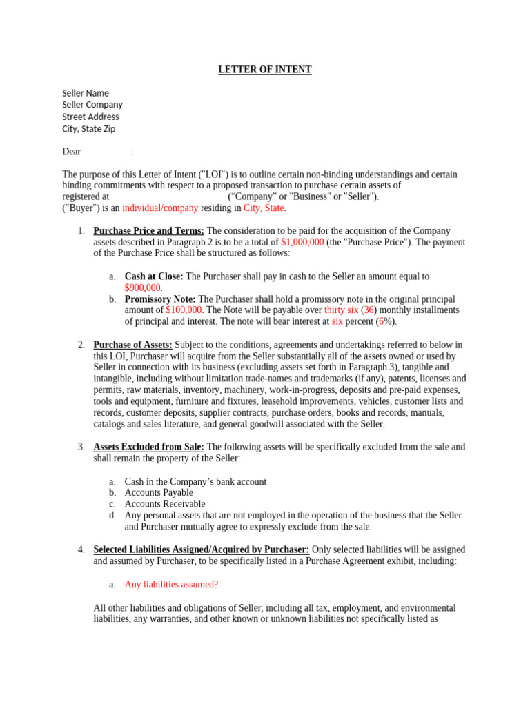 Asset Purchase Letter of Intent Template | PDF | Due Diligence | Sales