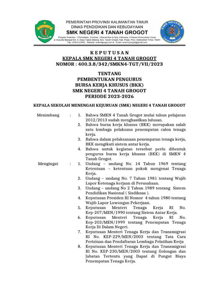 Pembentukan Pengurus BKK SMK 2023-2026 | PDF | Karier & Perkembangan ...