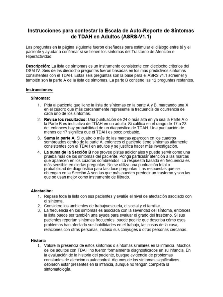 Test ASRS-V1.1 (Adultos) | PDF | Desorden hiperactivo y deficit de ...