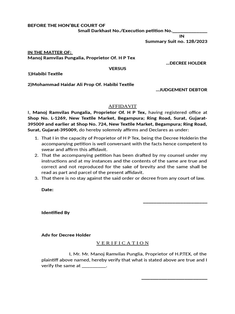Affidavit for Execution Petition 128/2023 | PDF