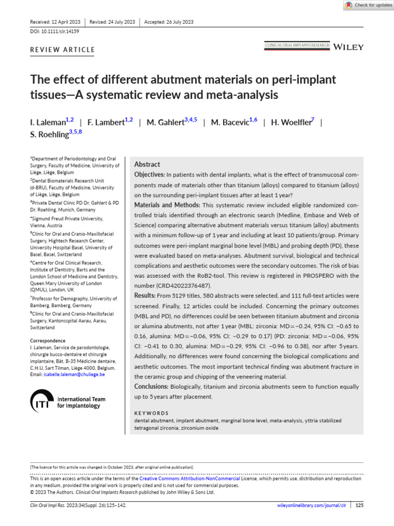 Clinical Oral Implants Res - 2023 - Laleman - The Effect of Different Abutment Materials On Peri ...