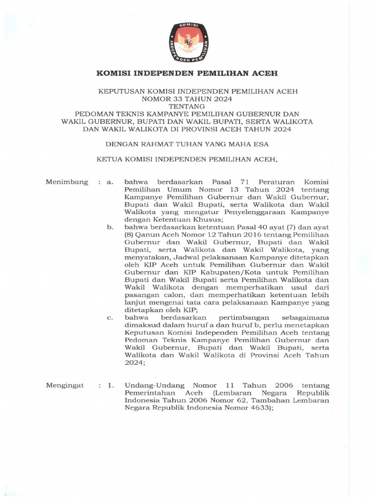 KPTS. KIP ACEH 33 TAHUN 2024 | PDF