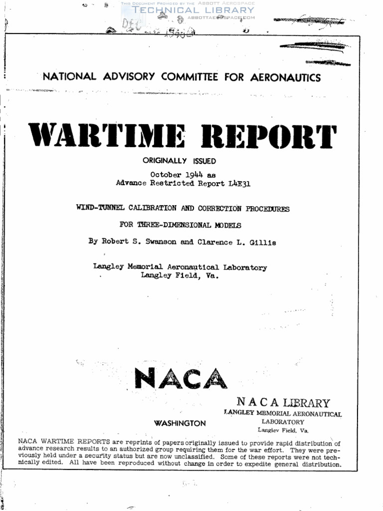 Naca-Wr-L-1 Wind Tunnel Calibration and Correction Procedured For Three ...