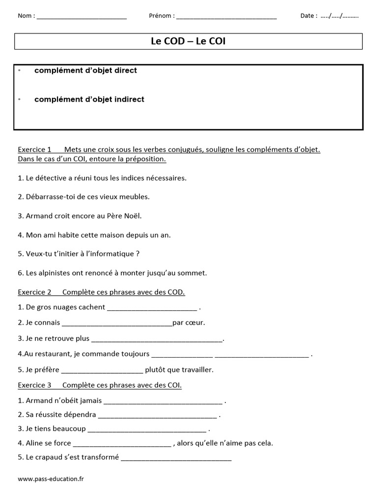 Exercices sur COD et COI pour CM1 | PDF