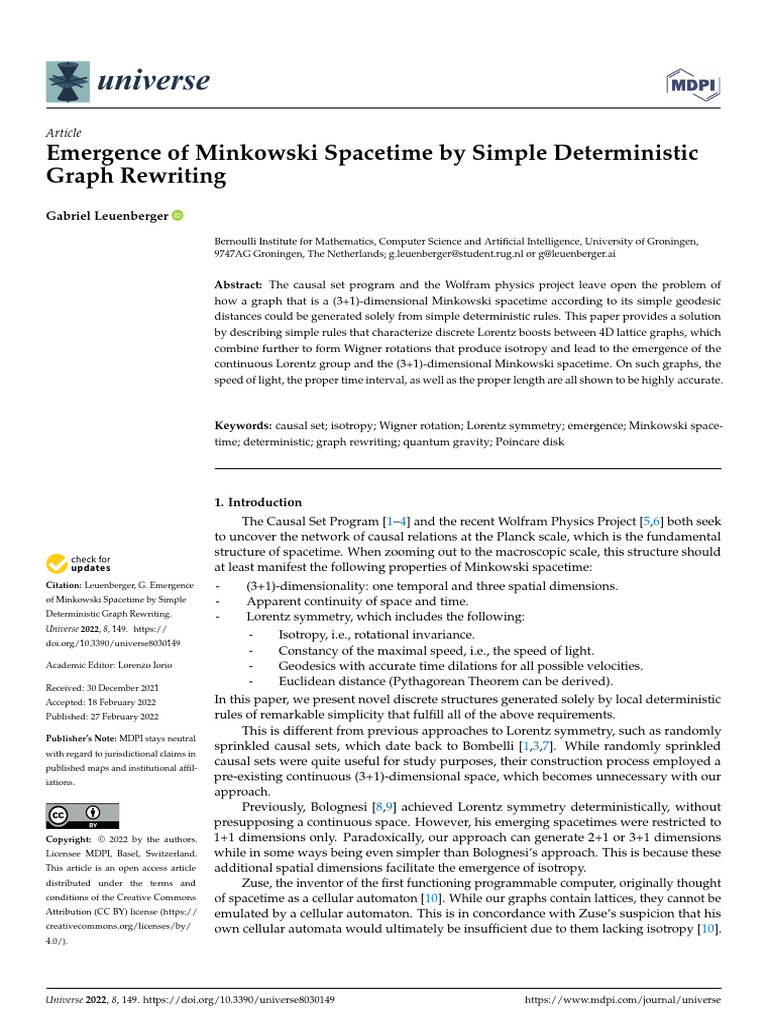 Universe: Emergence of Minkowski Spacetime by Simple Deterministic ...