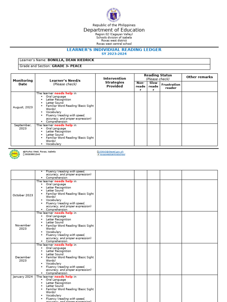 LEARNERS-LEDGER GRADE 3- PEACE | PDF | Fluency | Reading Comprehension