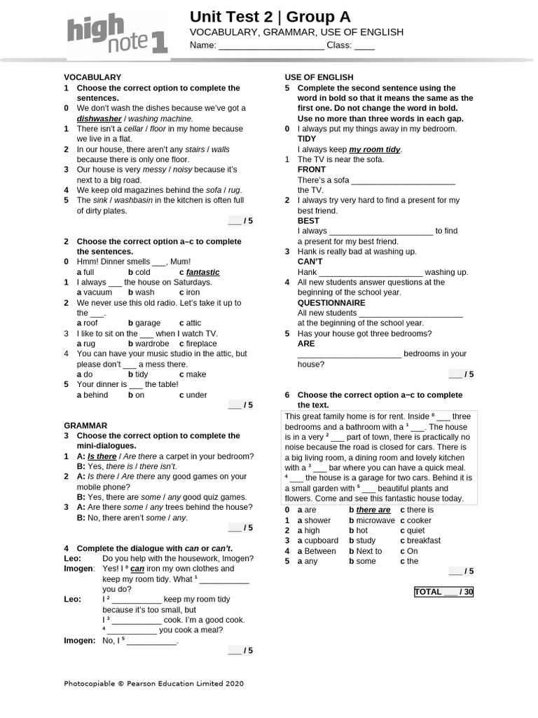 Unit Test 2: Vocabulary & Grammar | PDF | Bedroom | Home