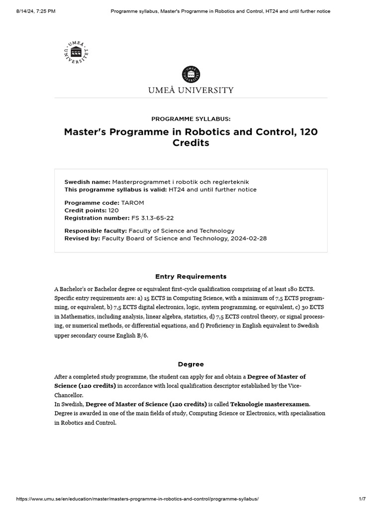 Programme Syllabus, Master's Programme in Robotics and Control, HT24 ...