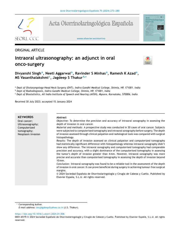 Intraoral Ultrasonography in Oral Cancer | PDF | Medical Ultrasound ...