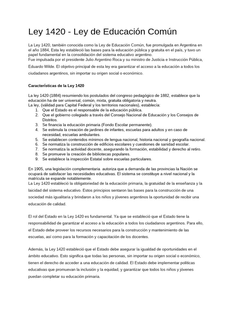 Ley 1420 | PDF | Educación primaria | Estado (política)