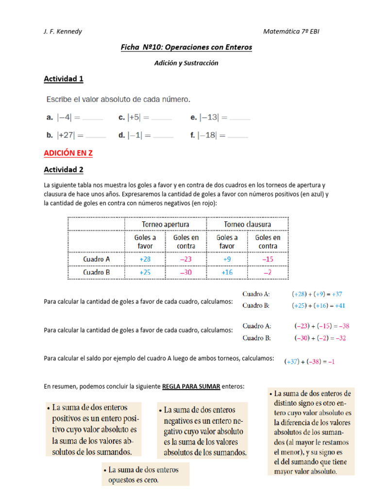 Ficha 10 Operaciones Con Enteros | PDF