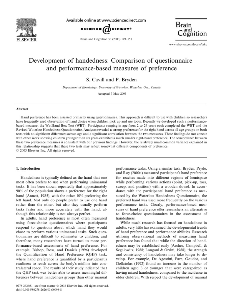 Development of Handedness Comparison of | PDF | Handedness | Psychology