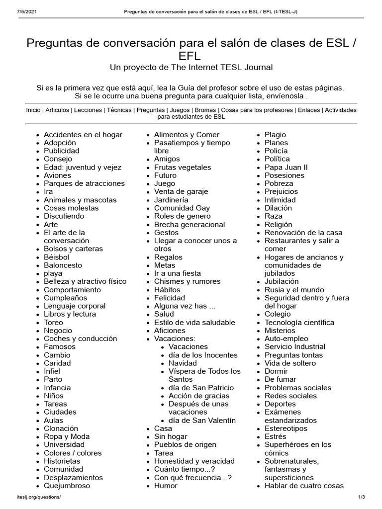 Preguntas de Conversación para El Salón de Clases de ESL EFL I TESL | PDF