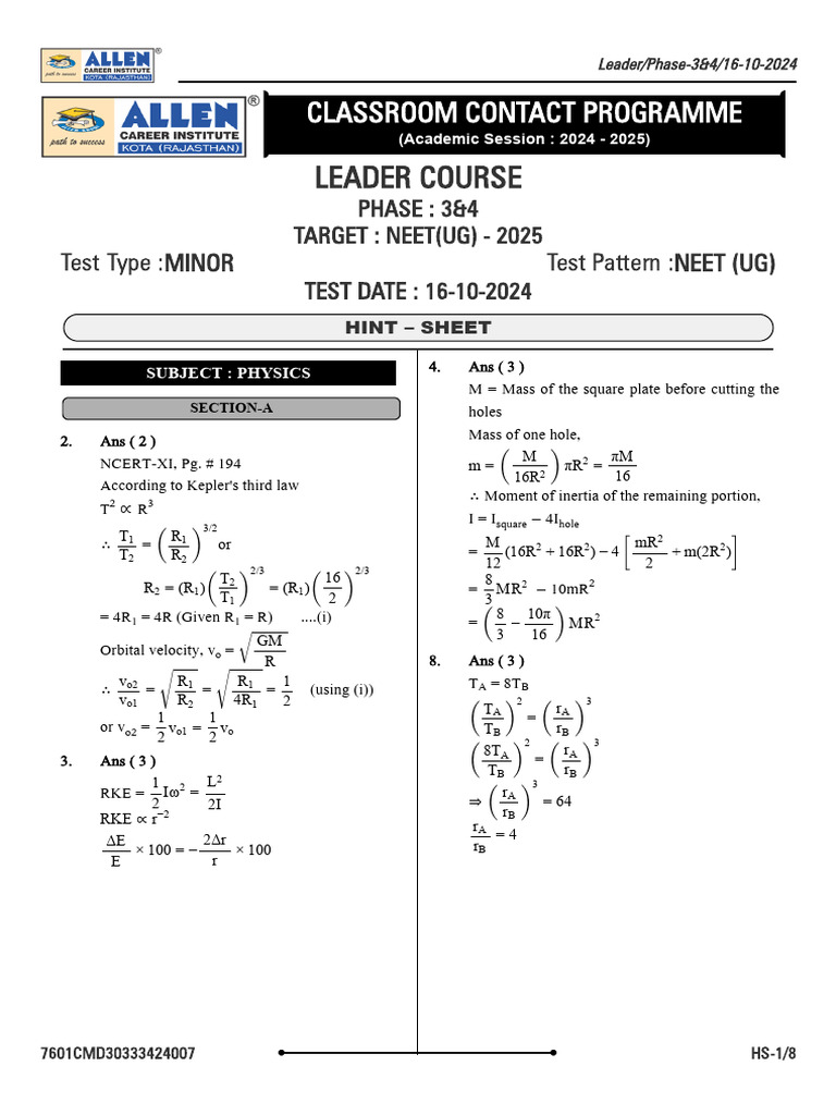 Neet Leader Internal Test-07 Phase-3&4!16!10-2024 FC | PDF | Anode ...