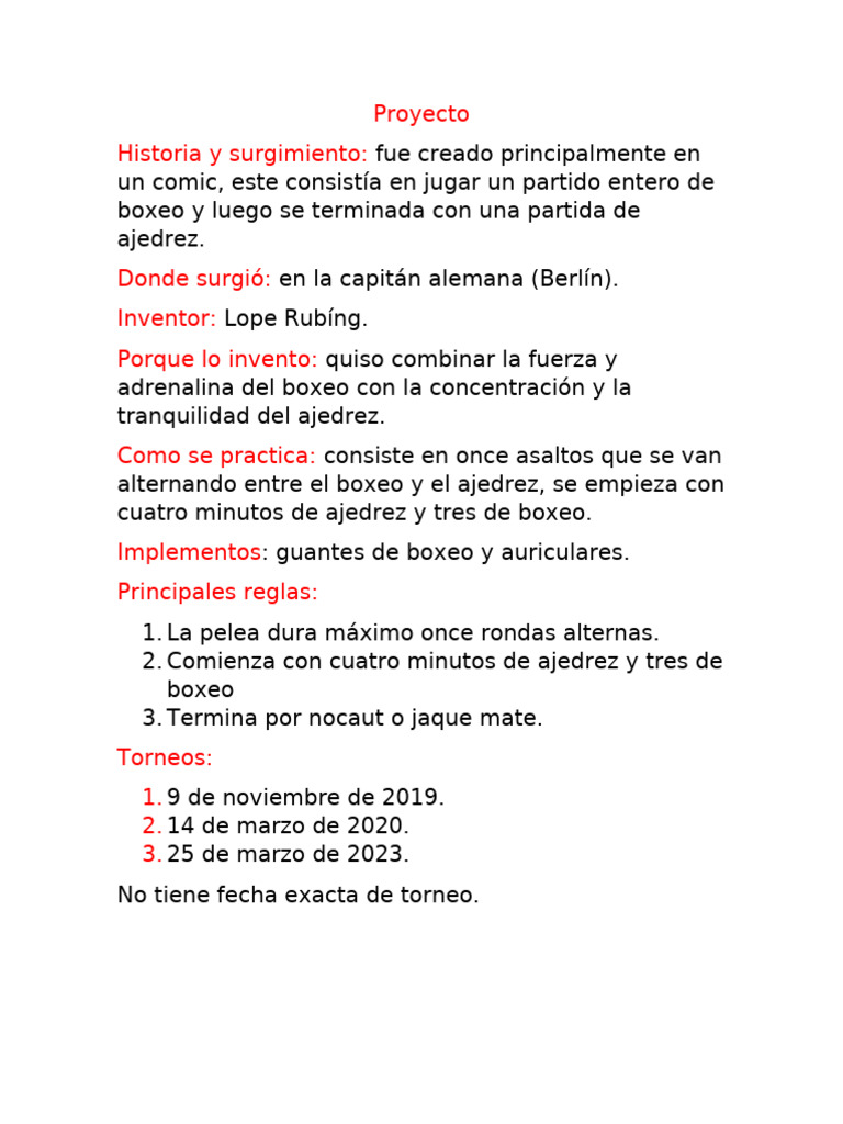 Boxeo y Ajedrez: Reglas y Torneos | PDF | Arte