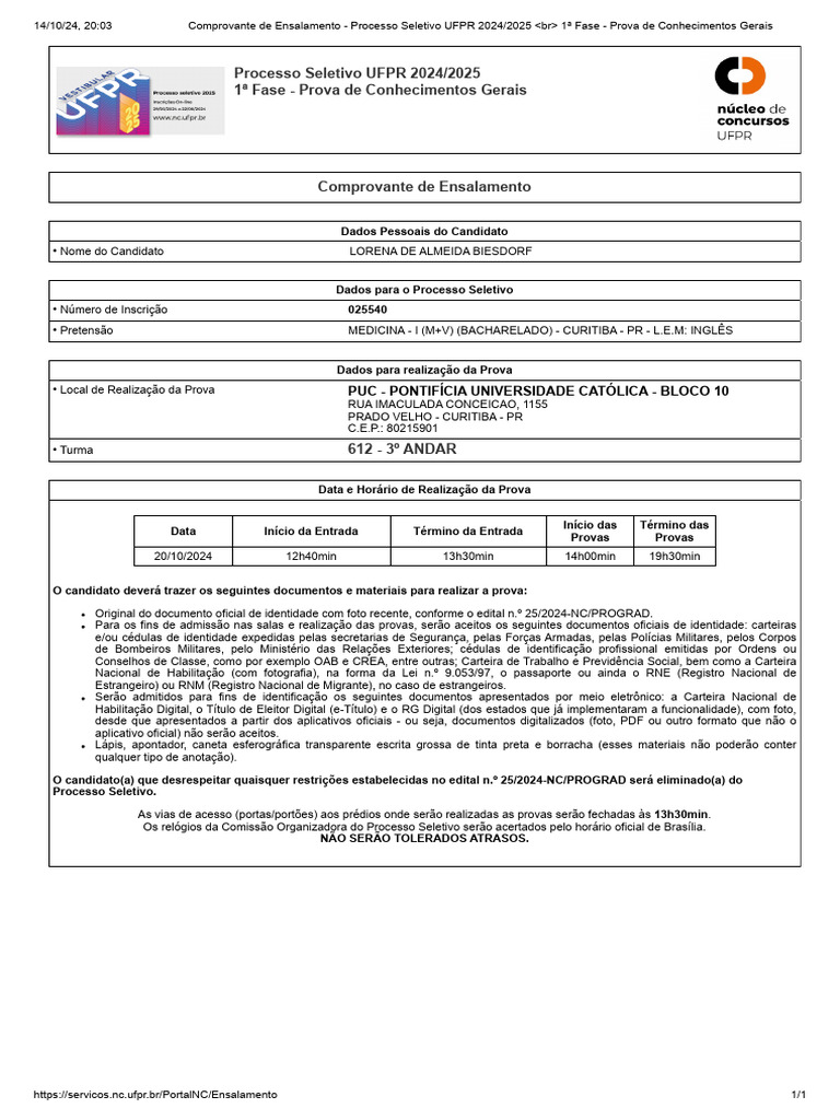 Comprovante de Ensalamento - Processo Seletivo UFPR 2024 - 2025 - BR - 1 Fase - Prova de ...