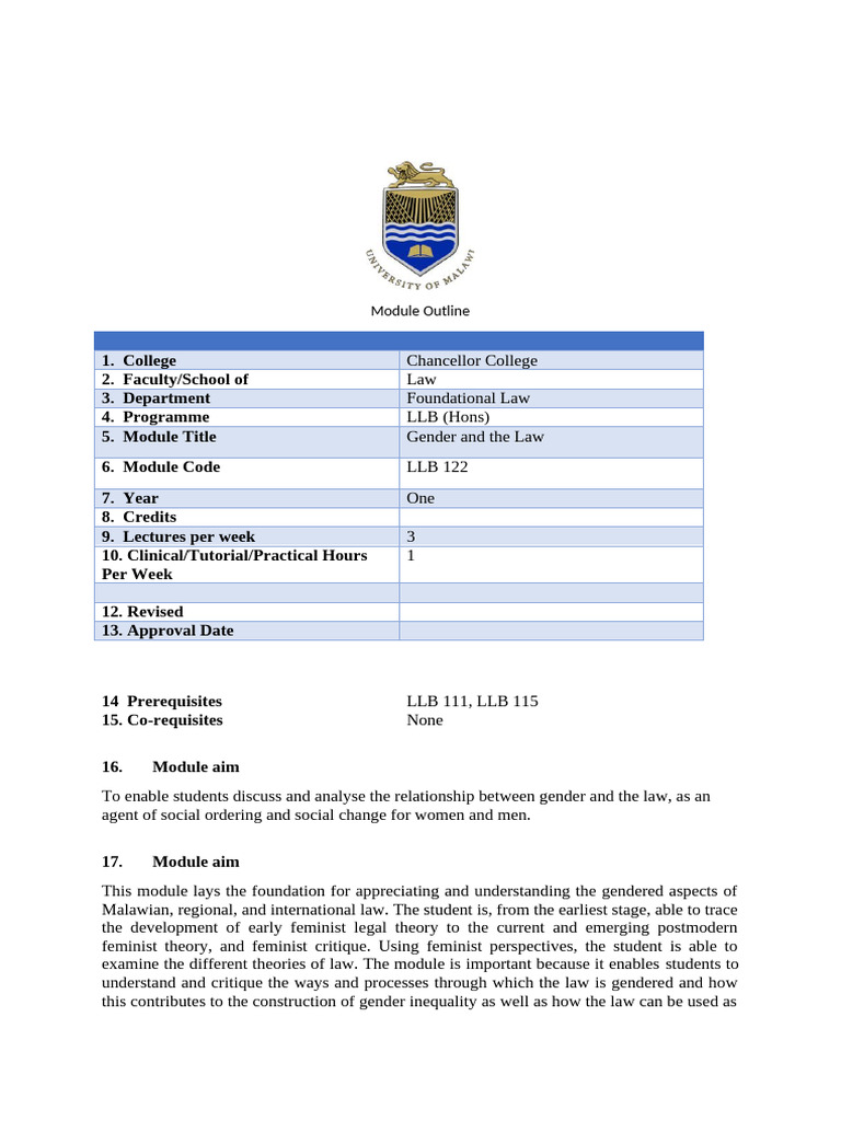 Module Outline Gender and Law 2023 | PDF | Gender | Gender Studies