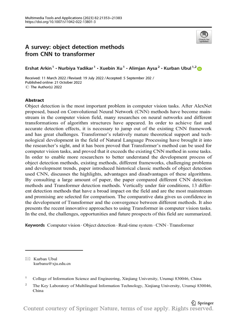 A Survey Object Detection Methods From Cnn To Tran Pdf Support