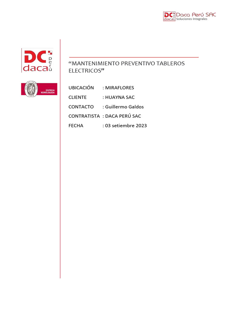 INFORME TÉCNICO MANTTO PREVENTIVO TABLEROS ELECTRICOS HUAYNA SAC | PDF ...