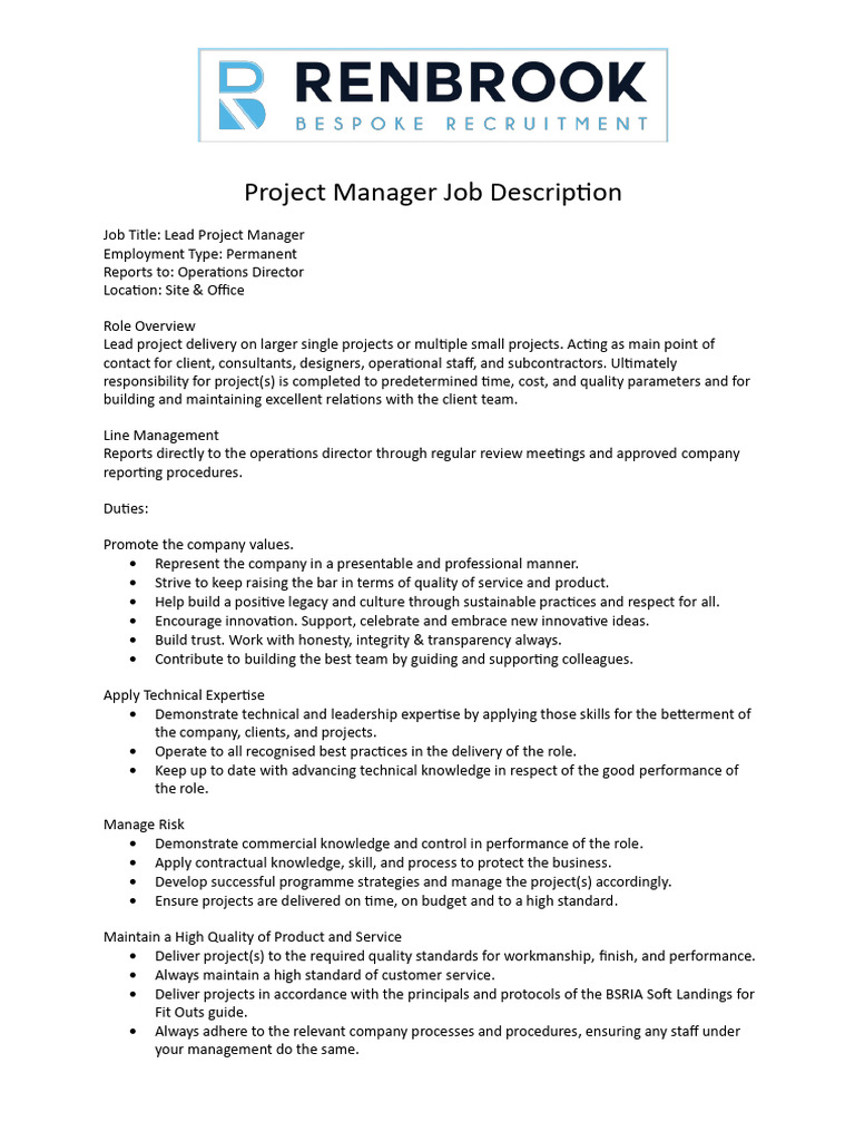 Project Manager Job Description | PDF | Occupational Safety And Health ...