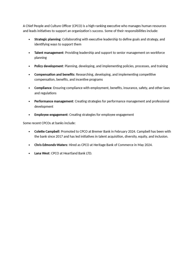 Chief People and Culture Officer Roles | PDF | Business | Finance ...