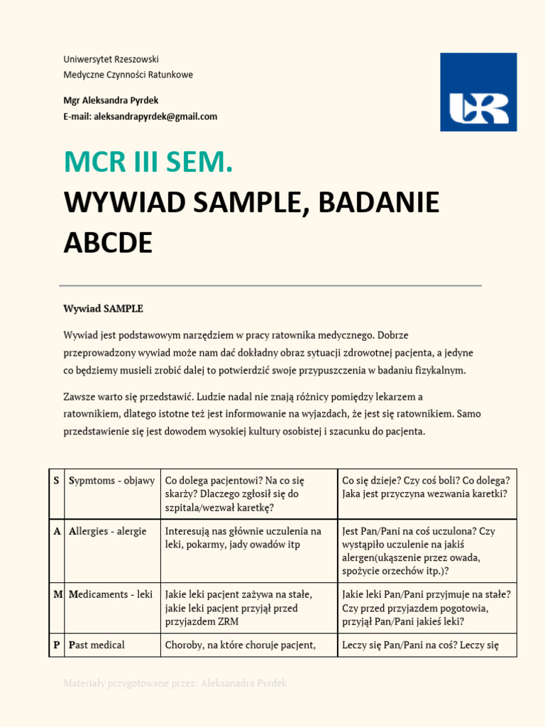 MCR III Sem. Badanie Abcde I Wywiad Sample | PDF