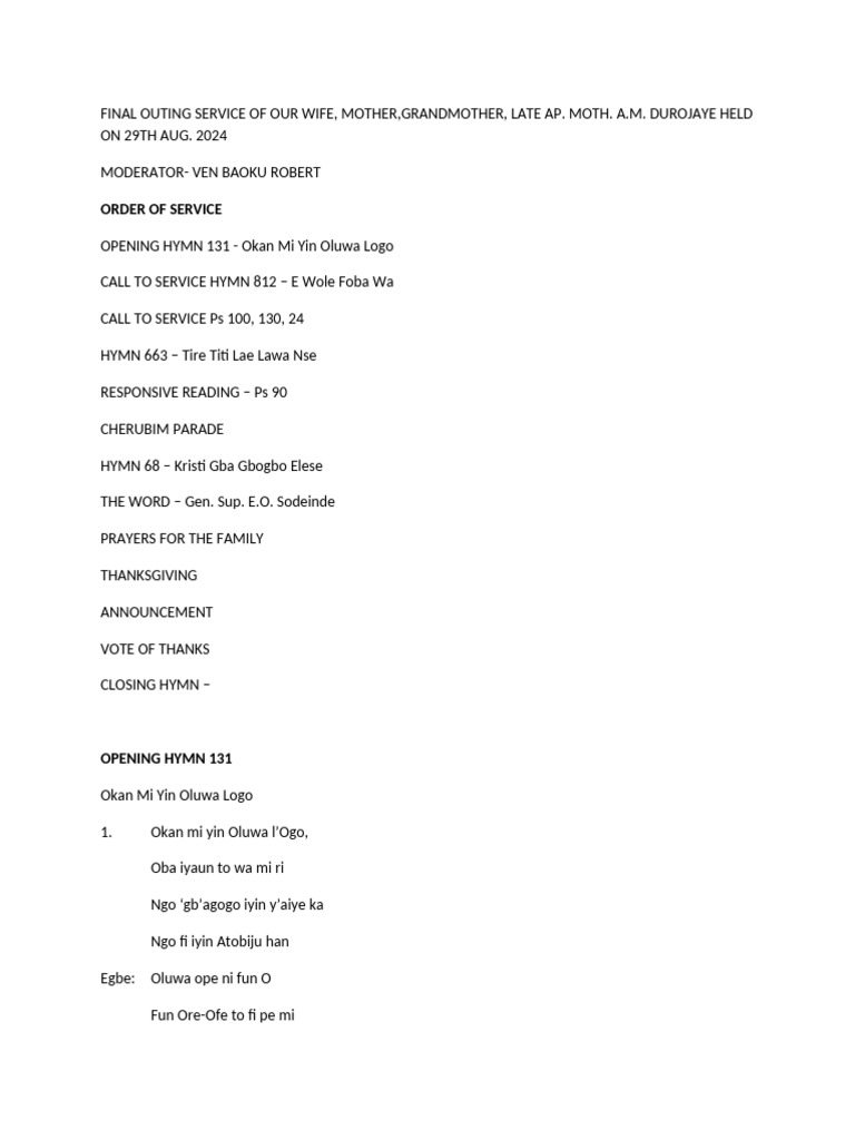 Final Outing Service of Our Wife | PDF