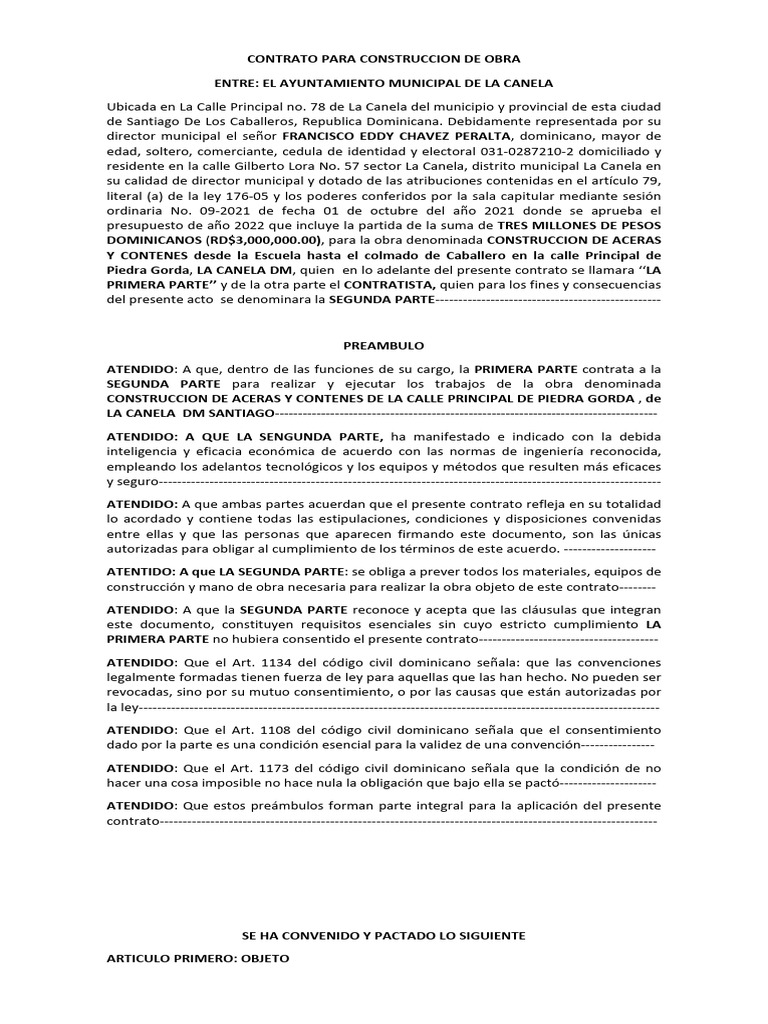 Contrato para Construccion de Obra Aceras y Contenes Piedra Gorda 23 03 2022 | PDF | Ley común