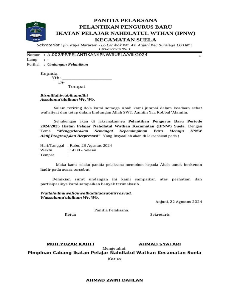 Undangan Pelantikan IPNW Suela 2024 | PDF