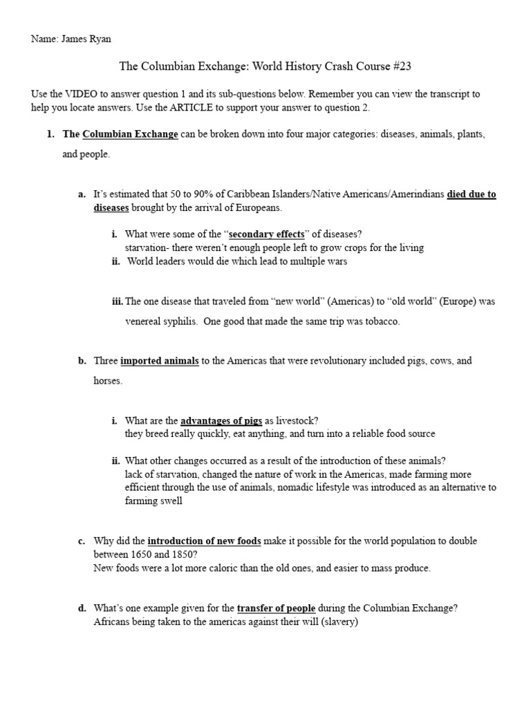 Crash Course World History 23 The Columbian Exchange SP23 | PDF ...