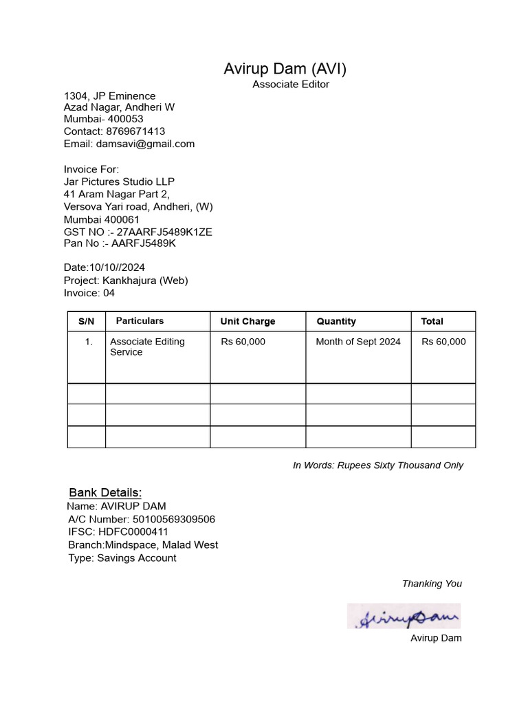 Avirup Dam- (AVI) Invoice for JAR Sept 2024 | PDF