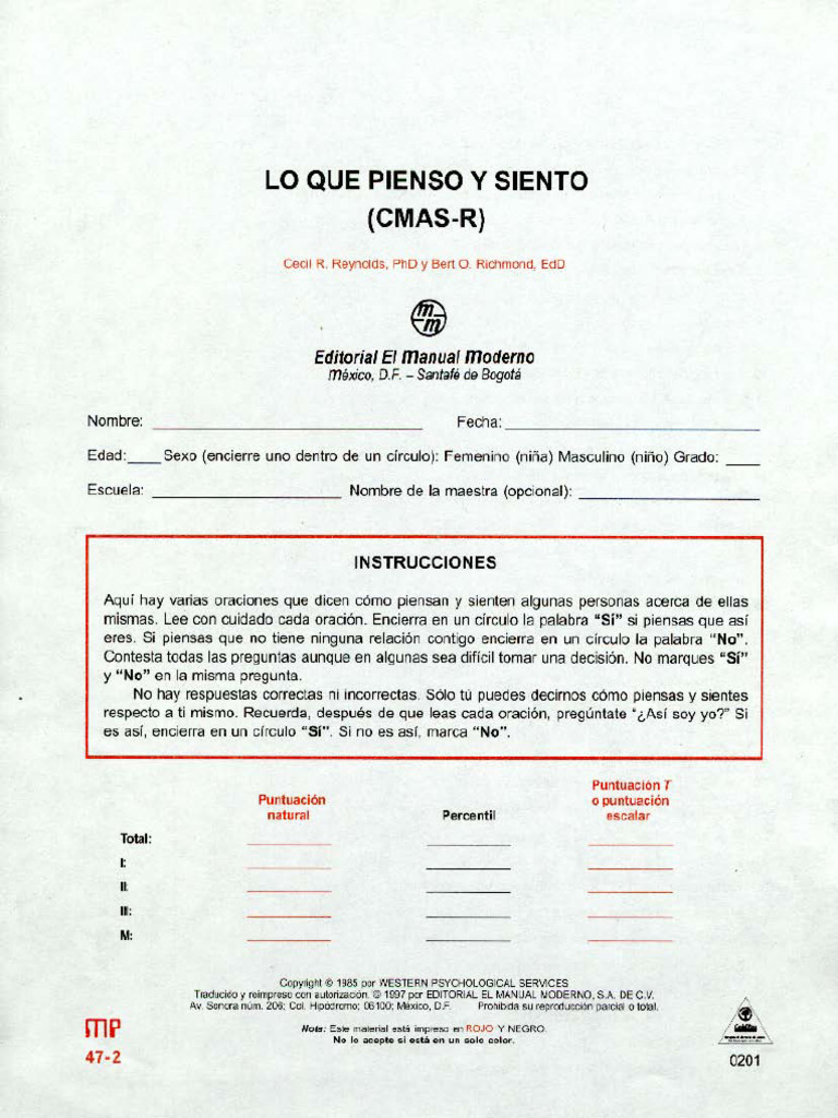 Protocolo Cuestionario (CMAS-R) (Form. Alt. B) | PDF