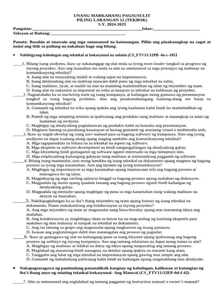 Unang Markahang Pagsusulit-Piling Larang 2024 | PDF