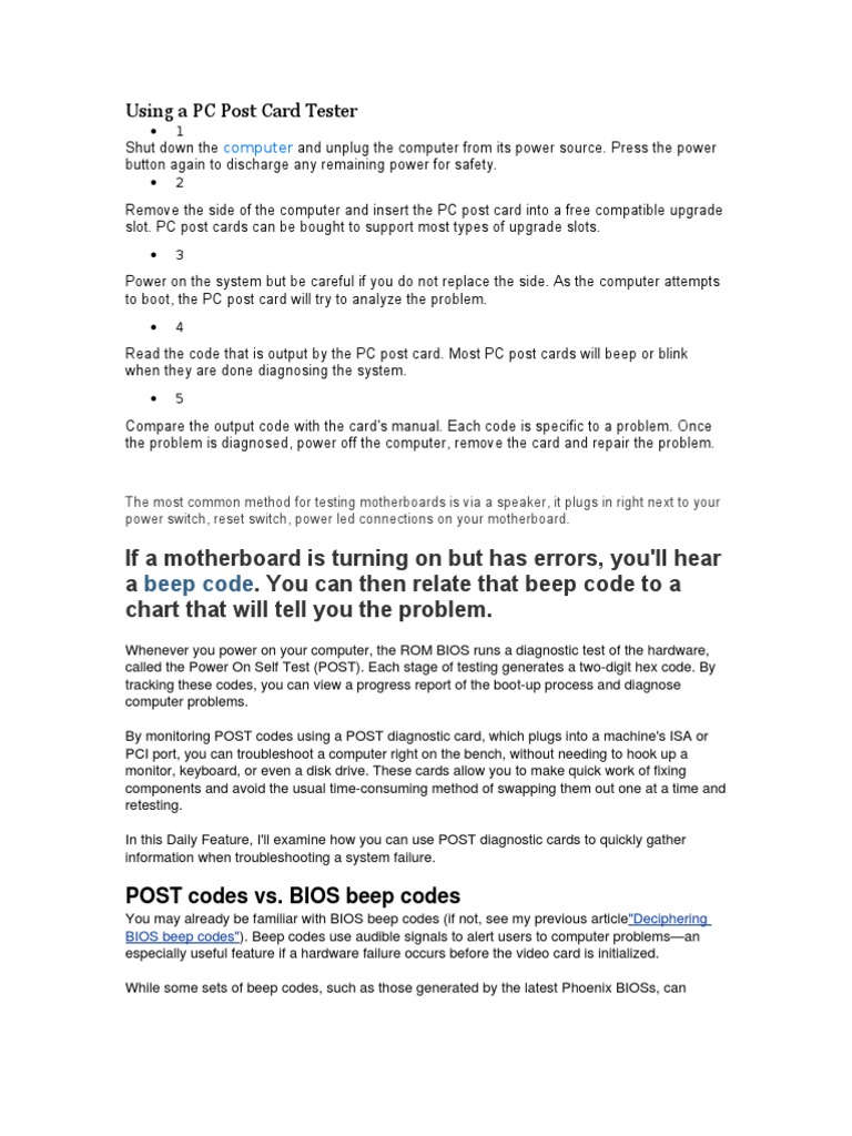 Using A PC Post Card Tester | PDF | Bios | Personal Computers