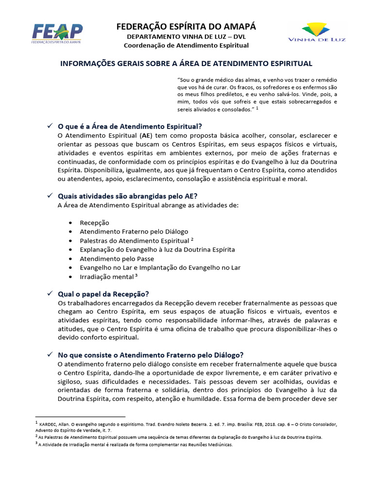 Atendimento Espiritual na FEAP | PDF | Espiritismo | Espiritualismo
