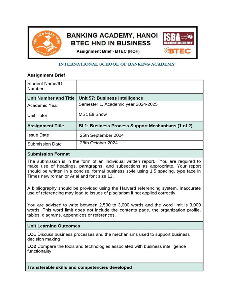 Assignment Brief (A1) - BI | PDF | Business Intelligence | Analytics