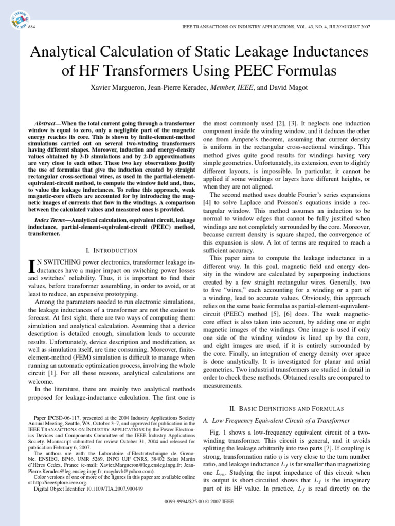 Analytical Calculation Of Static Leakage Inductances Pdf Inductance Transformer